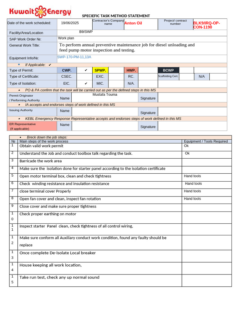 Diesel Pump Maintenance Method Statement | PDF