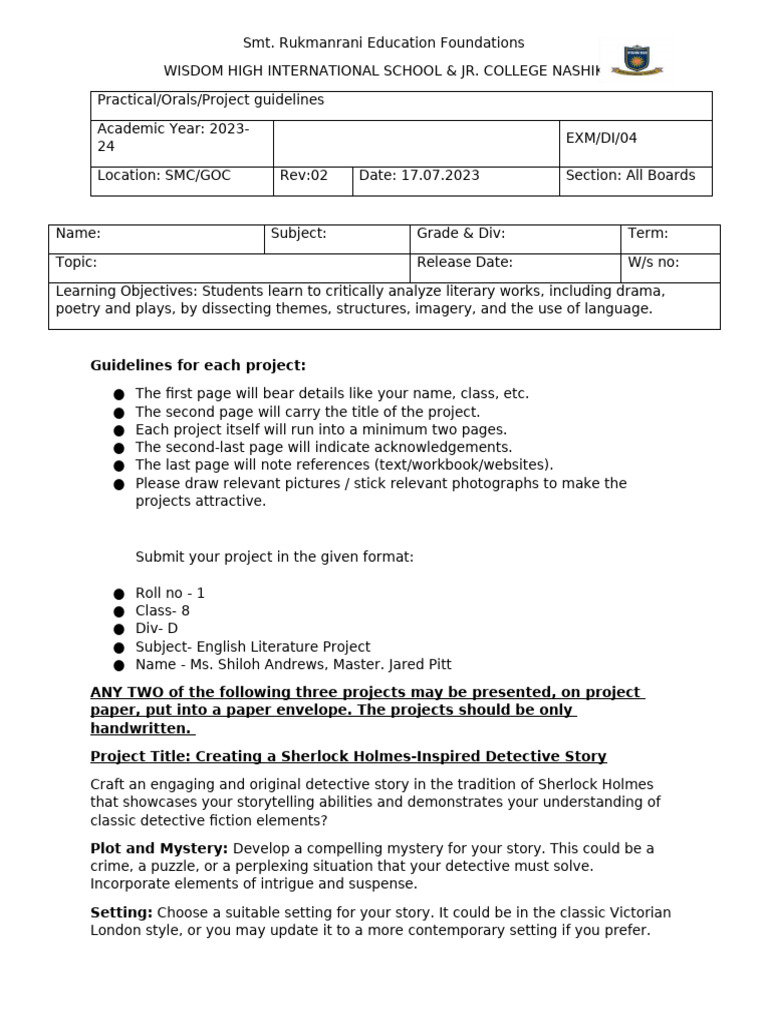 Project Guidelines for English Literature | PDF | Poetry | Detective ...