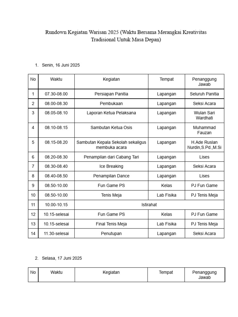 Rundown Kegiatan Warisan 2025 | PDF