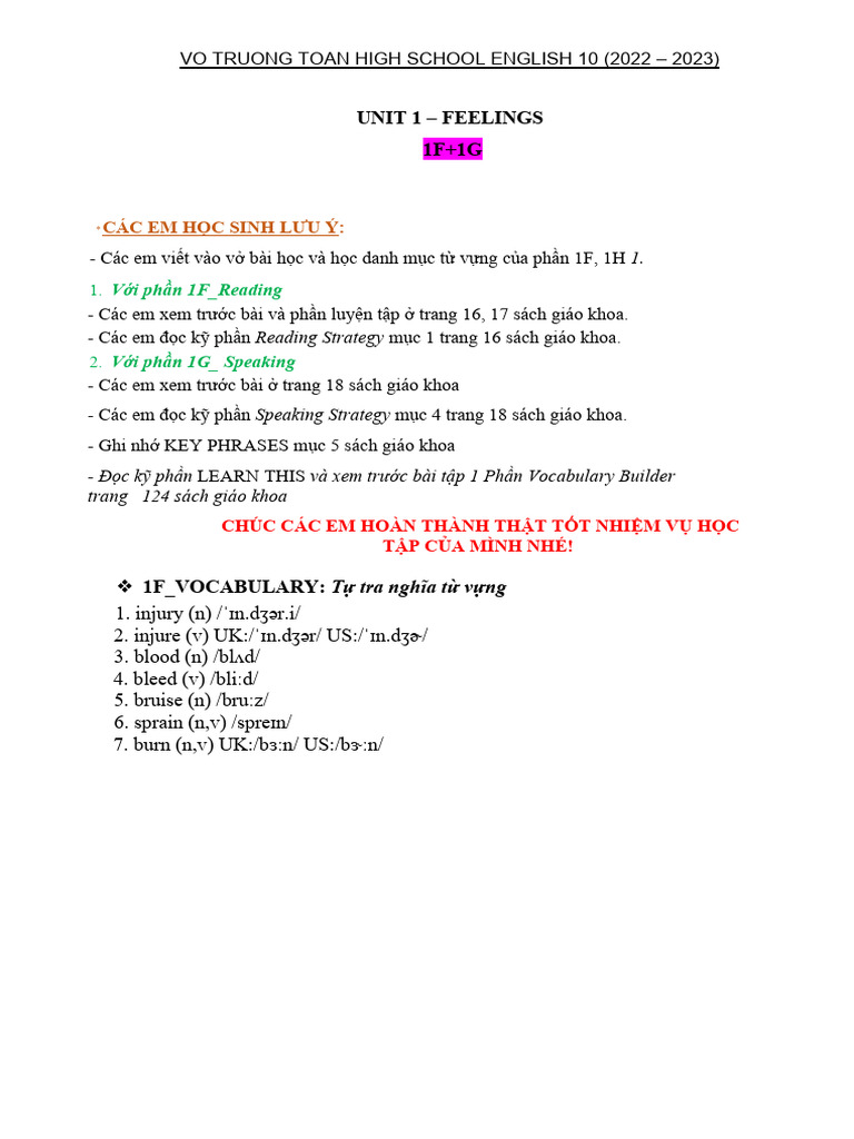 Unit 1 - Feelings 1F+1G: Các Em Học Sinh Lưu Ý | PDF