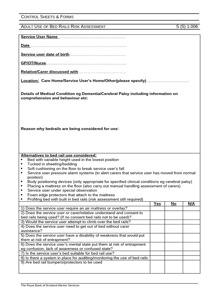 Risk Assessment - Bed Rails Adult User | PDF | Caregiver | Mattress