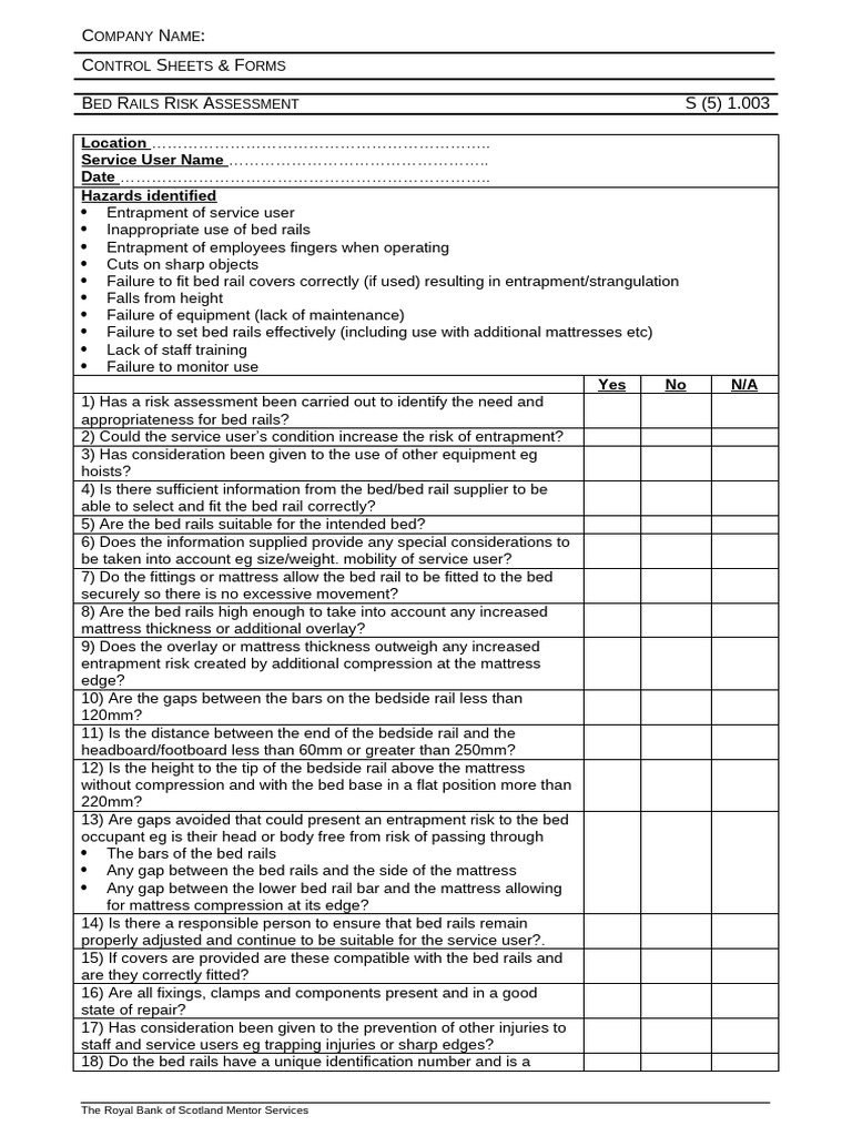Risk Assessment - Bed Rails | PDF | Bed | Occupational Safety And Health