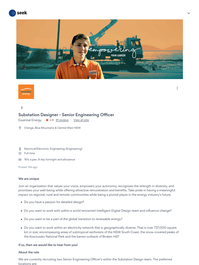 Substation Designer - Senior Engineering Officer Job in Orange, Blue ...