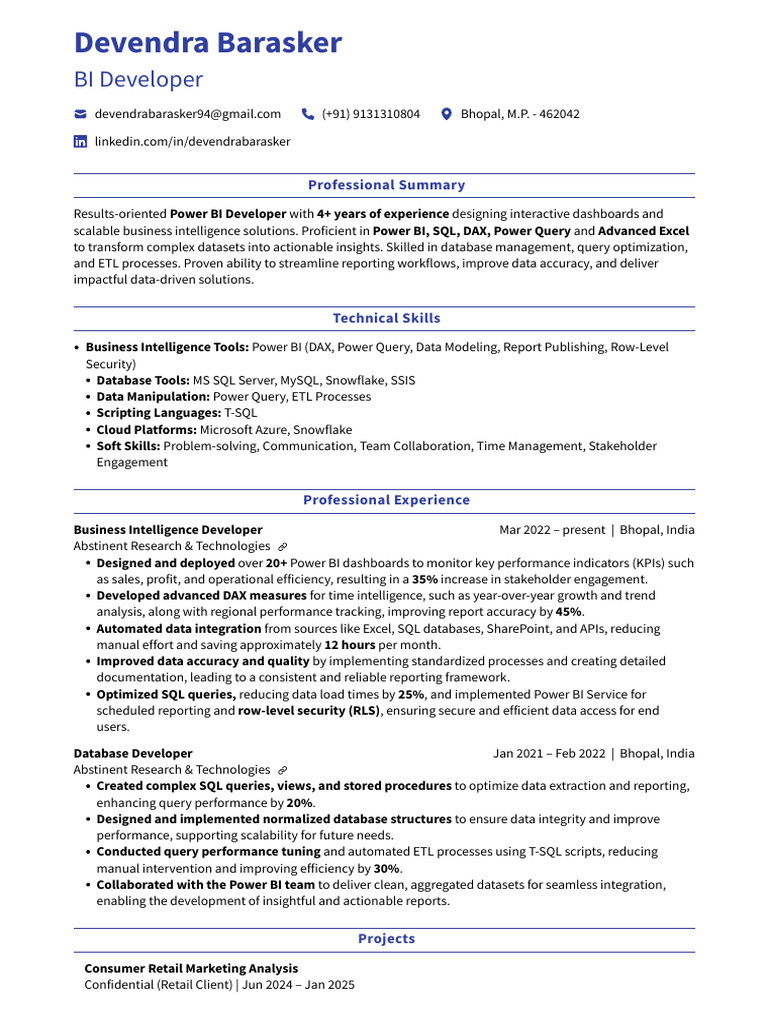 Devendra Barasker BI Developer Resume PDF | PDF | Databases | Business Intelligence