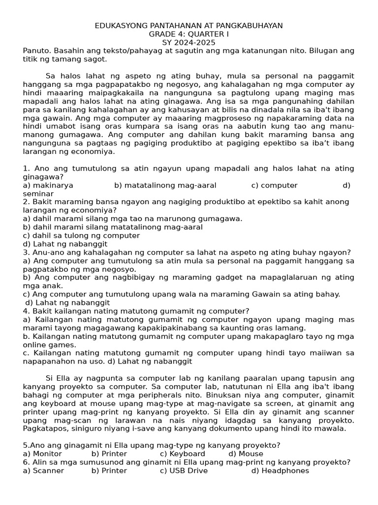 EPP 4 1st Quarter Exam | PDF