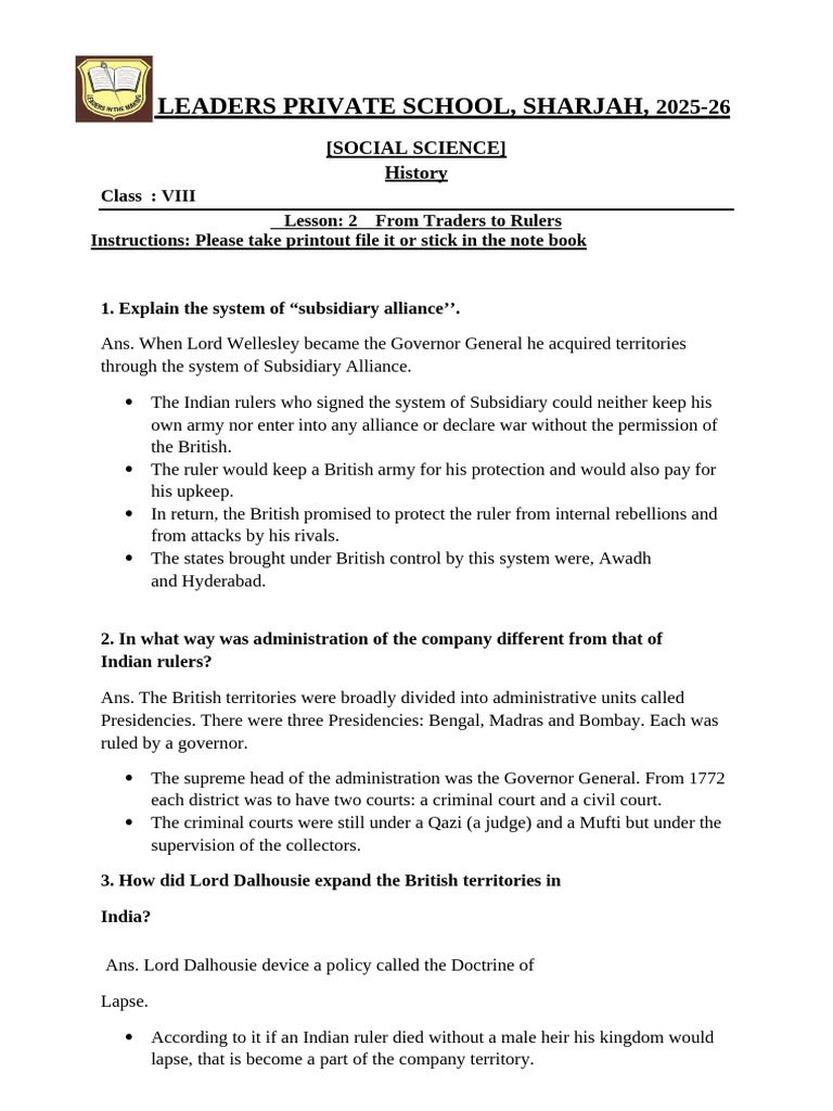 L2 History - From Trade To Rulers (Question Answers) | PDF