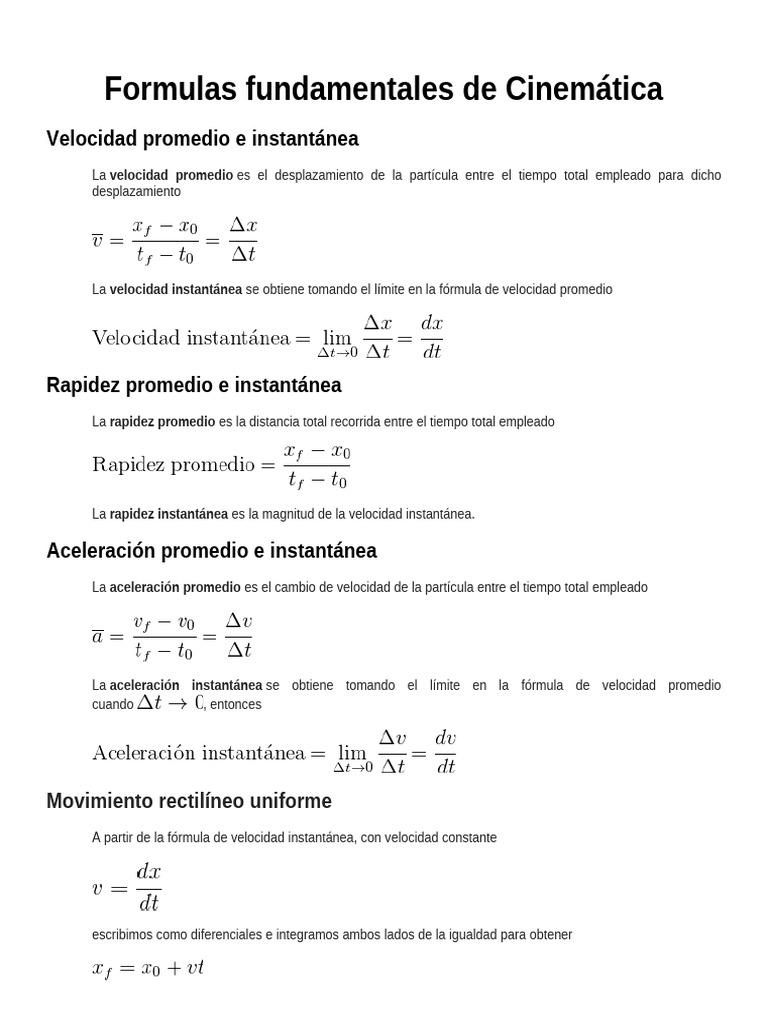 Formulas Fundamentales de Cinemática | PDF | Aceleración | Velocidad