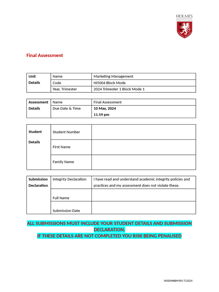 HI5004 2024 T1 BM1 Final Online Individual Assignment | PDF | Academic ...