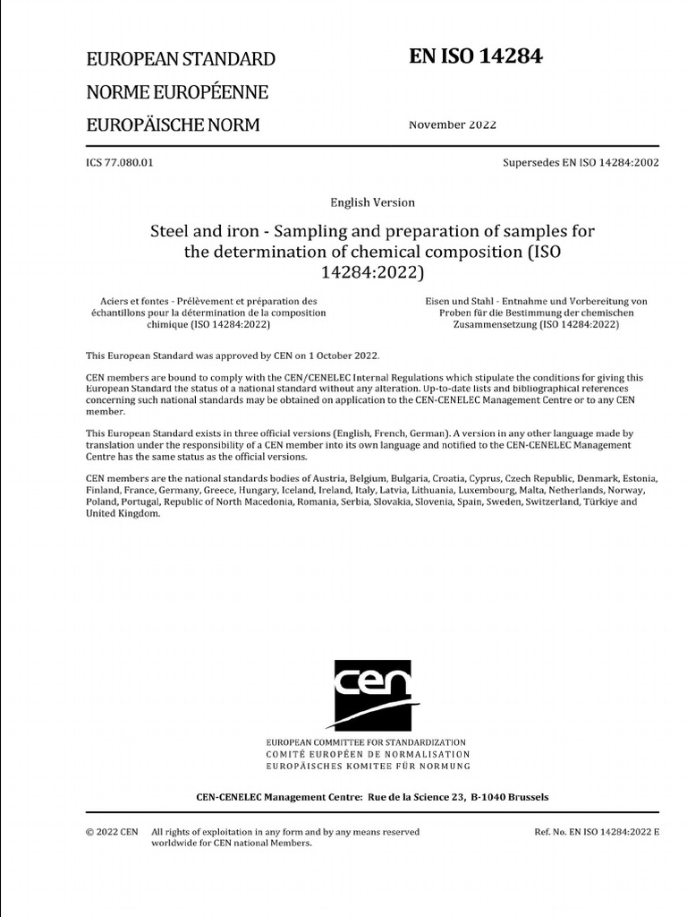 En ISO 14284 2022 Steel and Iron Sampling and Preparation of Samples | PDF