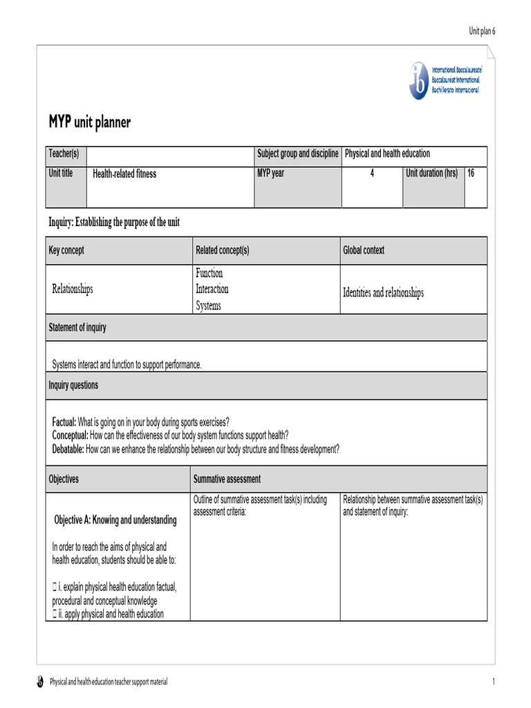 MYP Health-Related Fitness Unit Plan | PDF | Educational Assessment ...