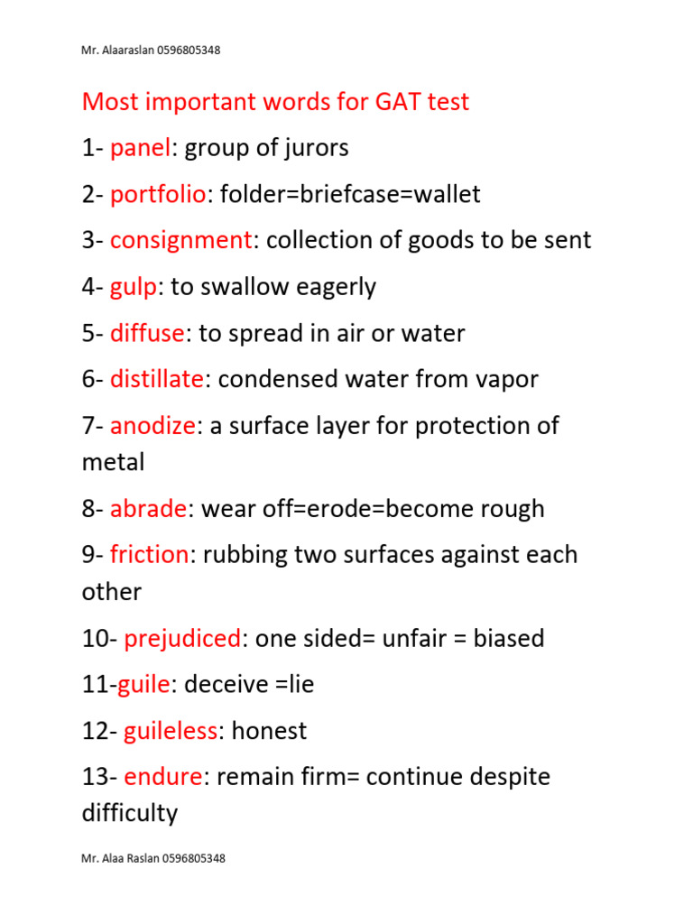 Most Important Words For GAT Students | PDF