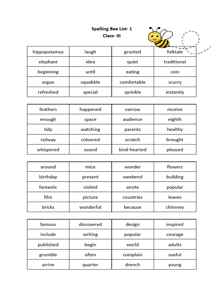 Class- III,Spelling Bee List- 1 (1).Docx | PDF