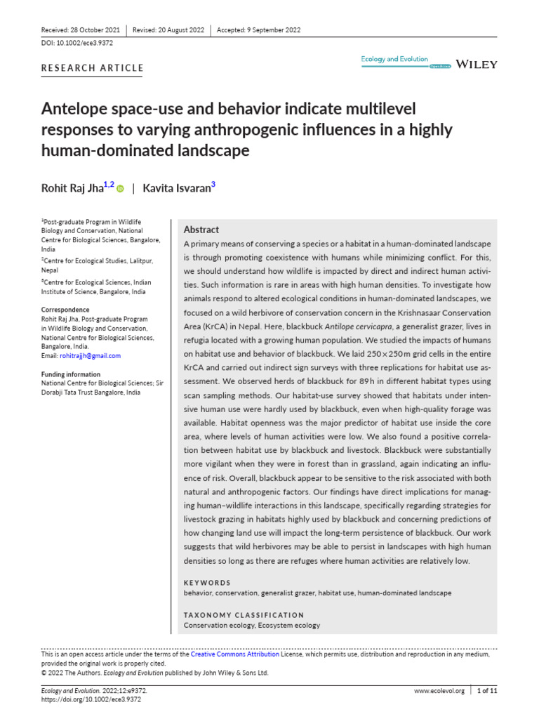 Antelope Behavior in Human-Dominated Landscapes | PDF | Foraging | Ecology