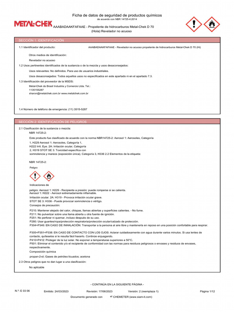 Hoja de Seguridad Metal Chek D70 | PDF | Compuesto orgánico volátil ...
