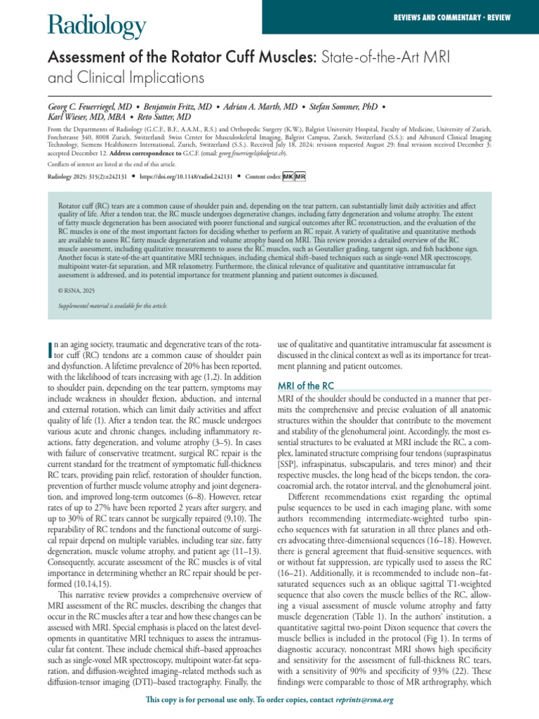 MRI Assessment of Rotator Cuff Tears | PDF | Shoulder | Magnetic ...