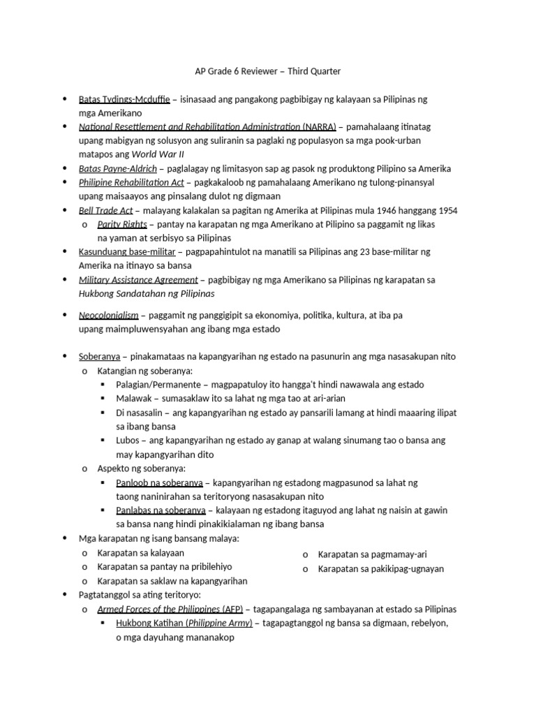 AP Grade 6 3rd Quarter Reviewer | PDF
