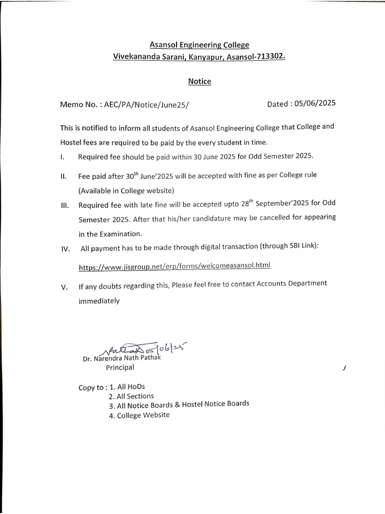 Notice - Fees and Hostel Fee | PDF