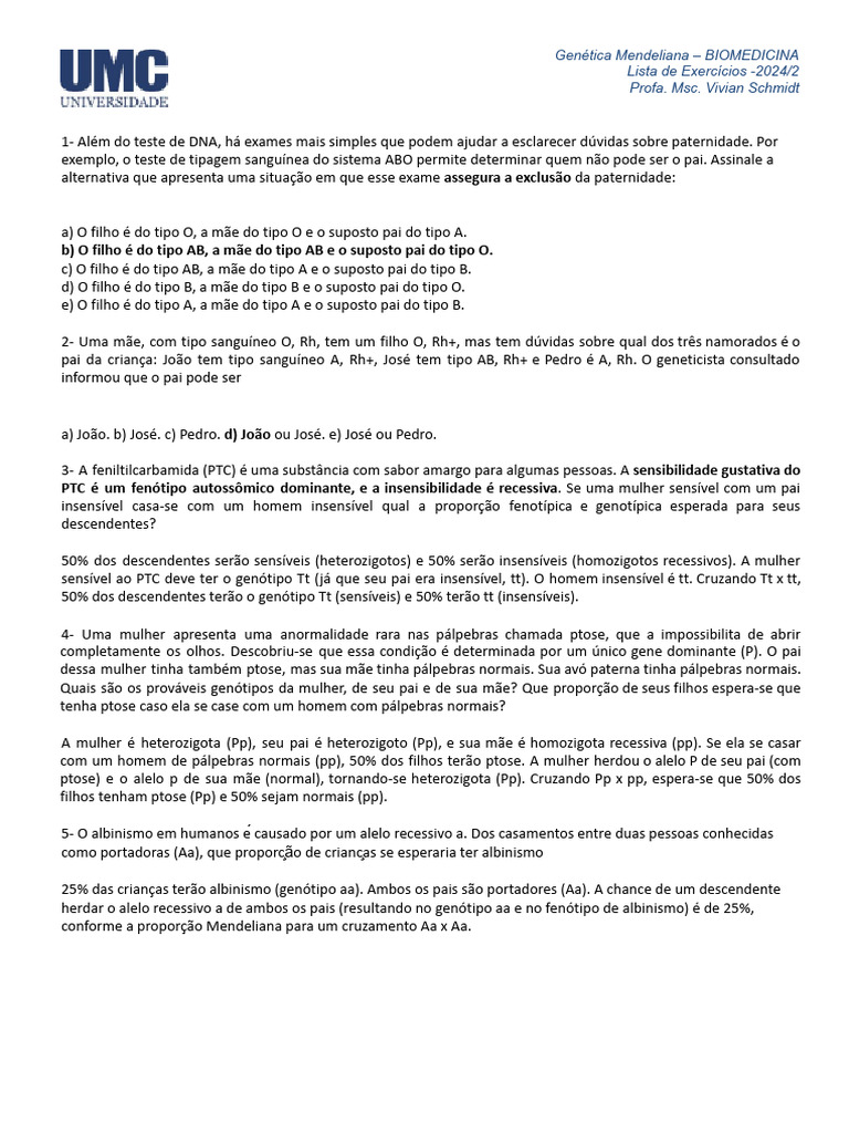 GENÉTICA MENDELIANA EXERCÍCIOS (1) NNNNN | PDF | Genótipo | Dominância (genética)