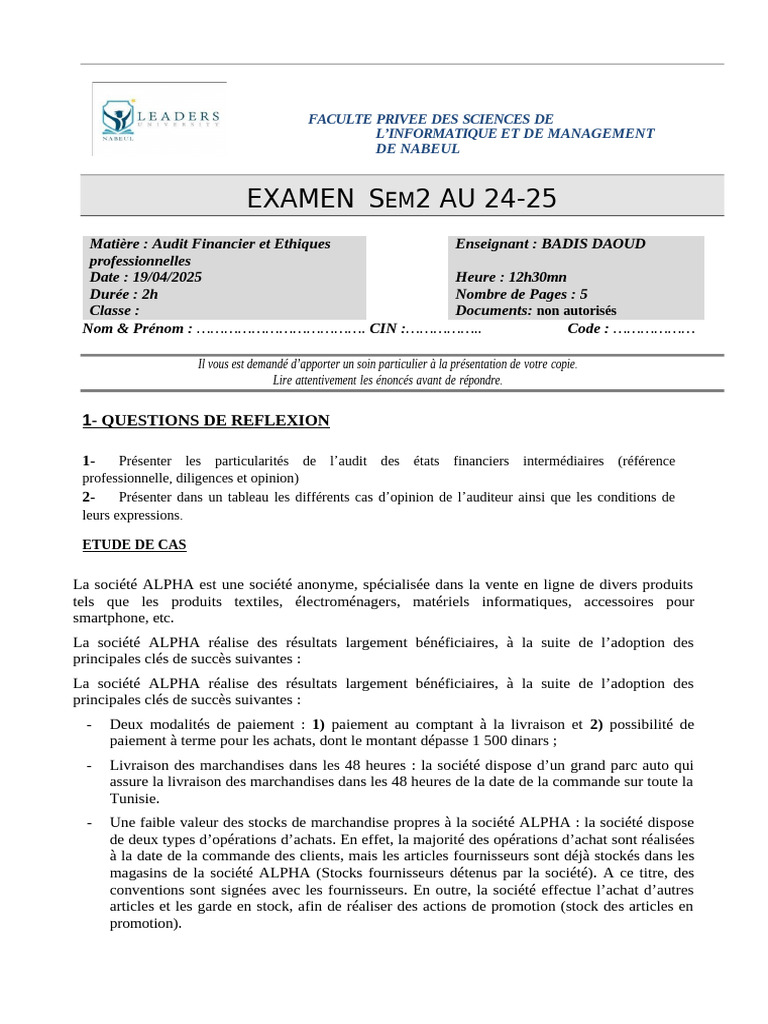 Audit Financier de la Société ALPHA | PDF | Comptabilité analytique | Audit