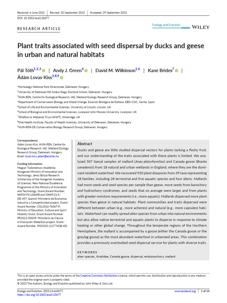 Plant Traits Associated With Seed Dispersal by Duc | PDF | Biological ...