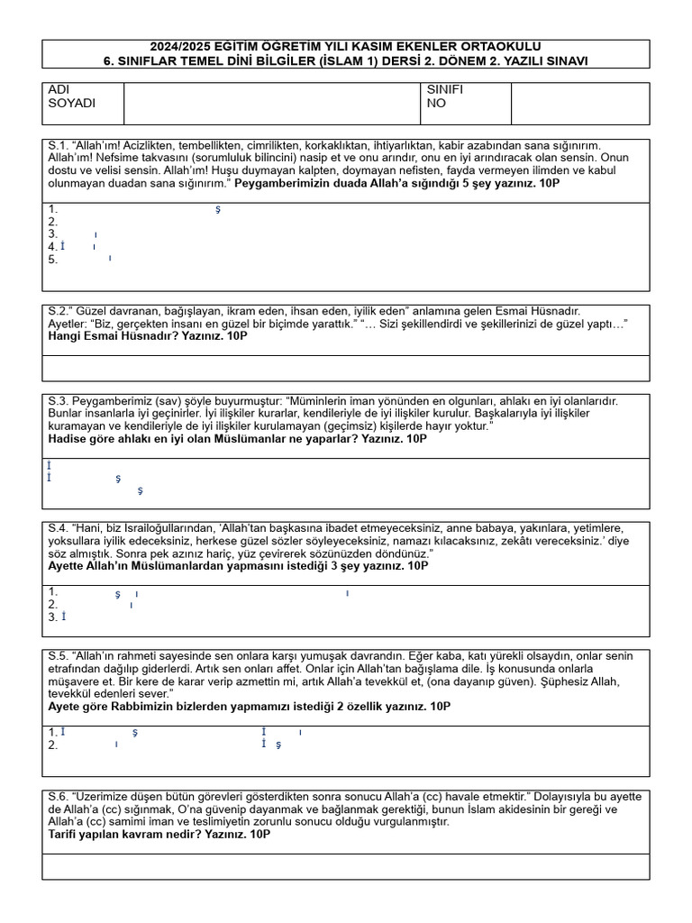 6.sinif TDB 1.2. Cevap | PDF