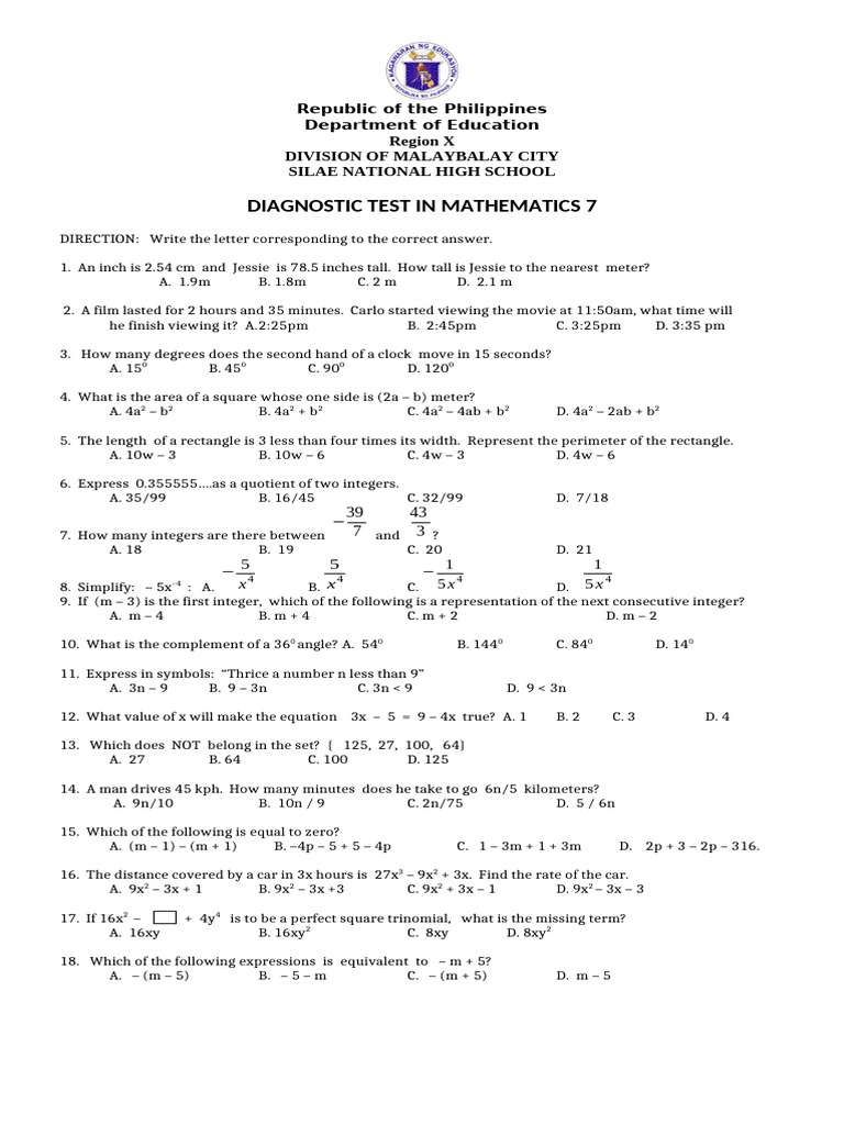 Diagnostic Test - Mathematics 7 | PDF | Geometry | Euclidean Geometry