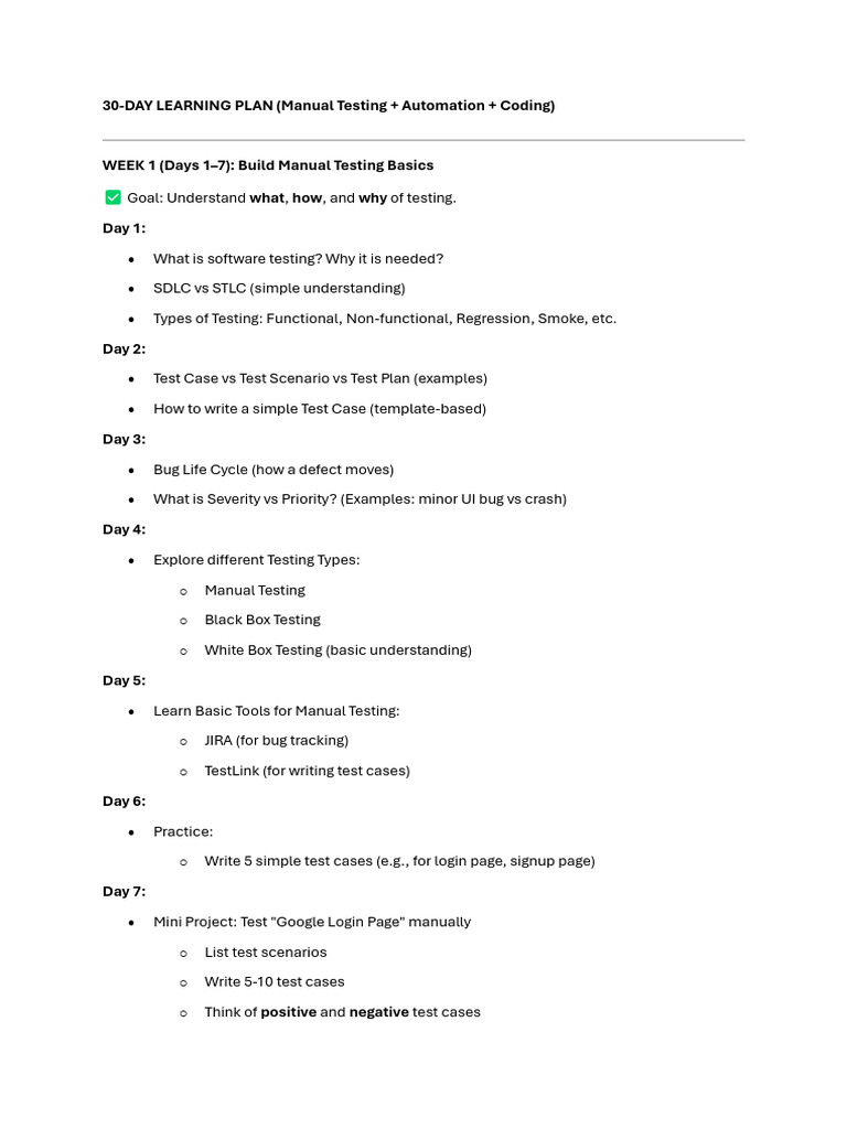 30-DAY LEARNING PLAN (Manual Testing + Automation + Coding) | PDF ...