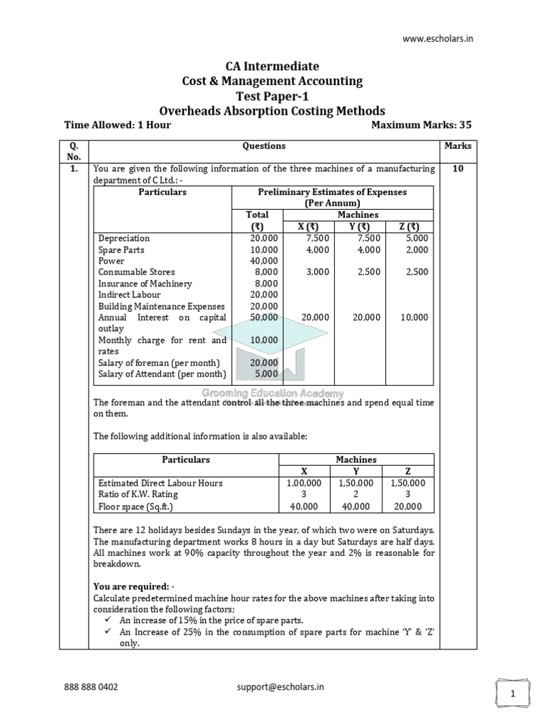 Test Paper SA-1 Overheads Absorption Costing Methods | PDF ...