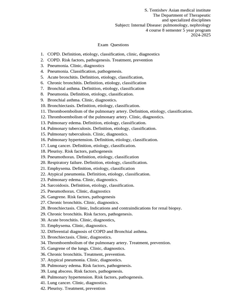 Exam Questions ID Pulmo, Nephro | PDF | Kidney Disease | Lung
