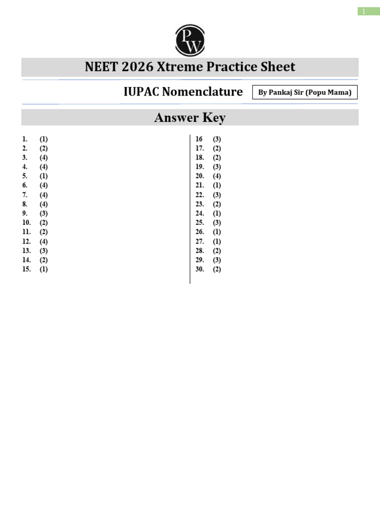 Practice Sheet IUPAC Nomenclature Answer Key & Hint and Solutions | PDF ...
