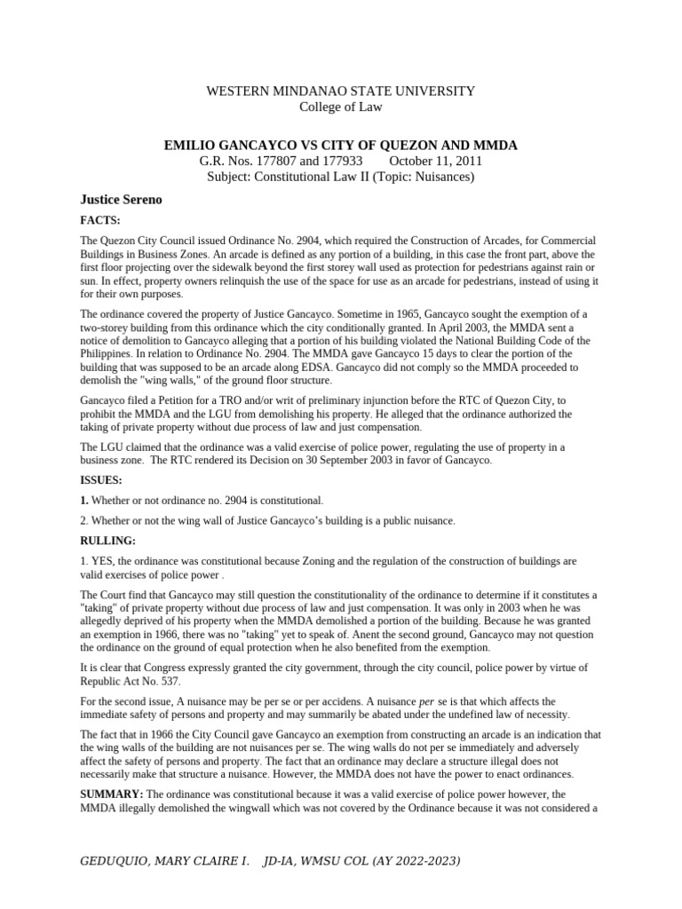 Gancayco Vs City of Quezon | PDF | Nuisance | Injunction