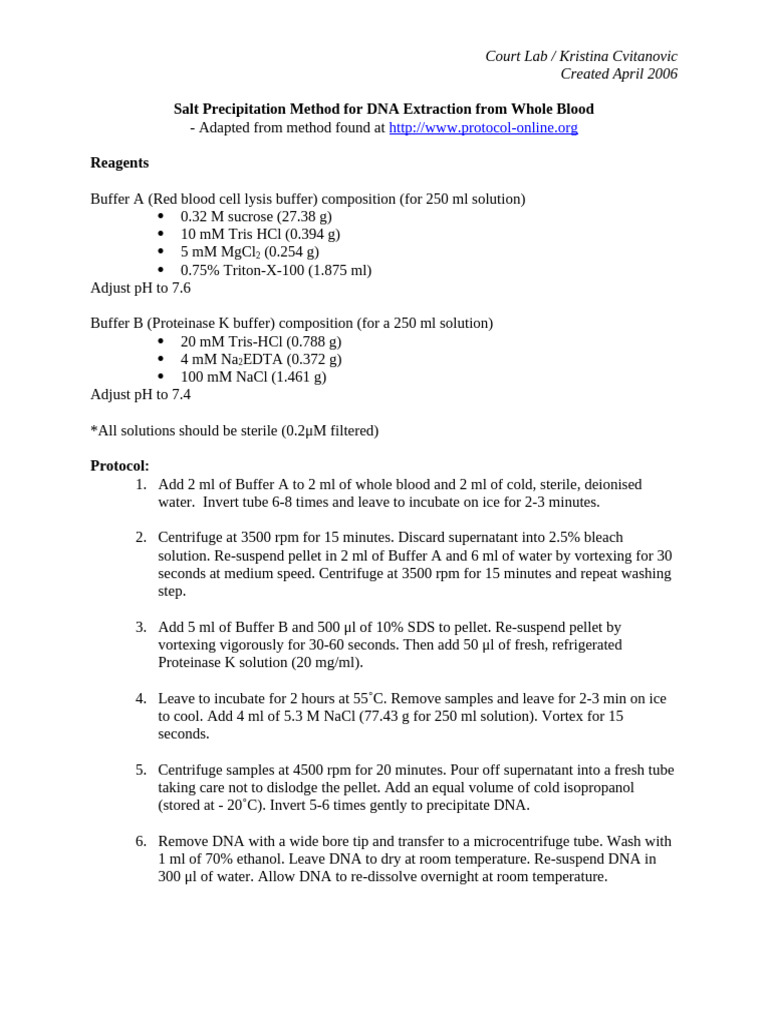 DNA Extraction from Whole Blood Protocol | PDF