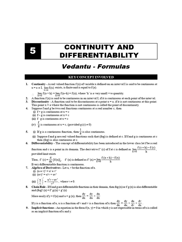CBSE Class 12 Maths Formula - Chapter 5 Continuity and Differentiability | PDF | Function ...