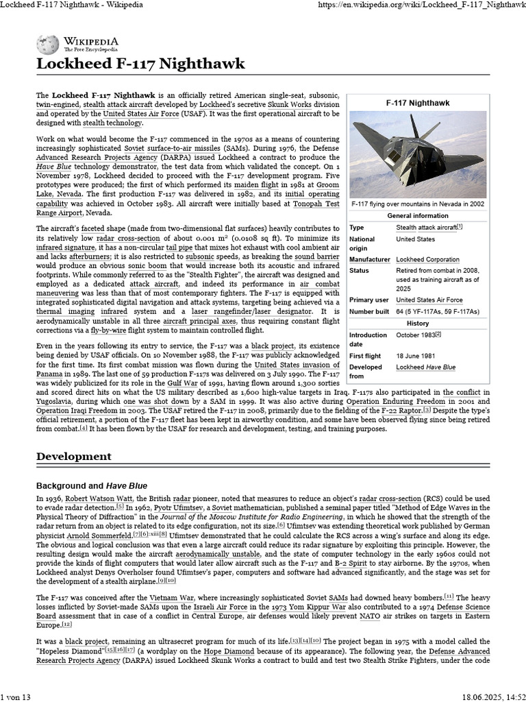 F-117 Nighthawk Overview and History | PDF | Aerospace | Aircraft