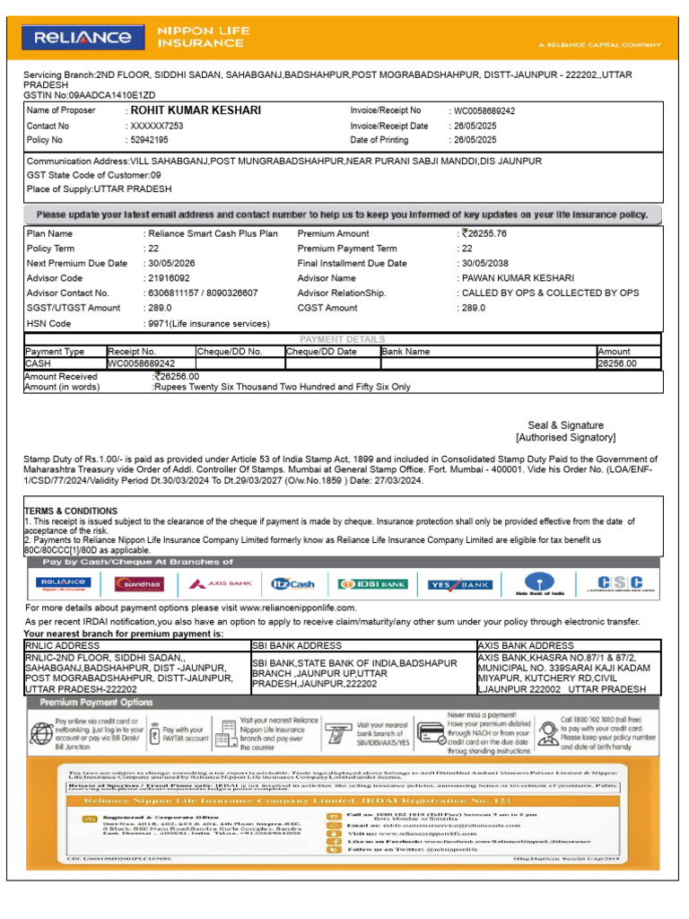Renewal Receipt - Rohit Kumar Keshri | PDF | Life Insurance | Payments