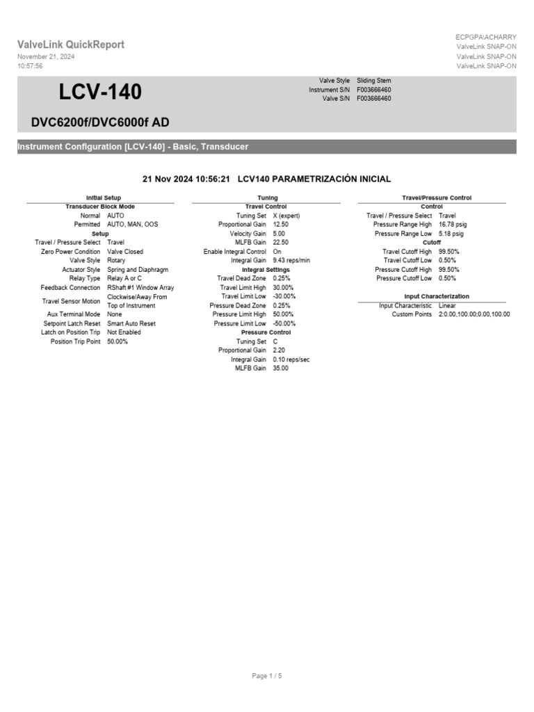 LCV-140 20241121 1057 Report | PDF | Valve | Sensor