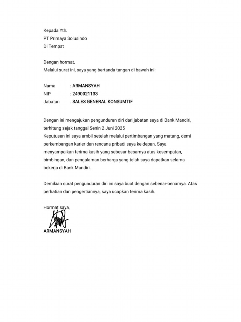 Surat Pengunduran Diri Armansyah | PDF