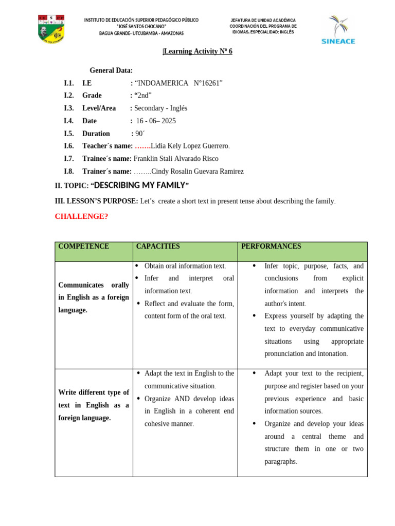 Describing My Family Lesson Plan | PDF | Learning | Cognition