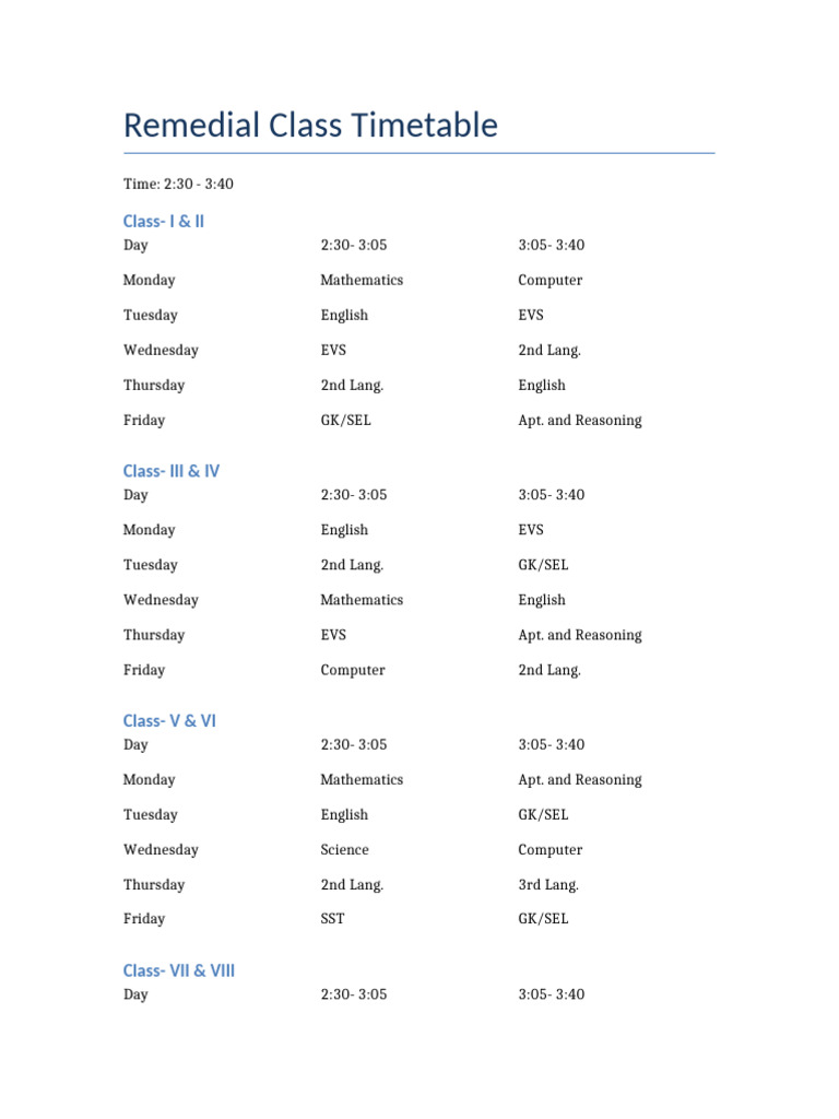 Remedial Class Timetable | PDF