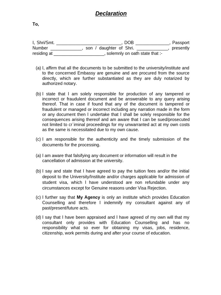 Declaration | PDF | Notary Public | Travel Visa