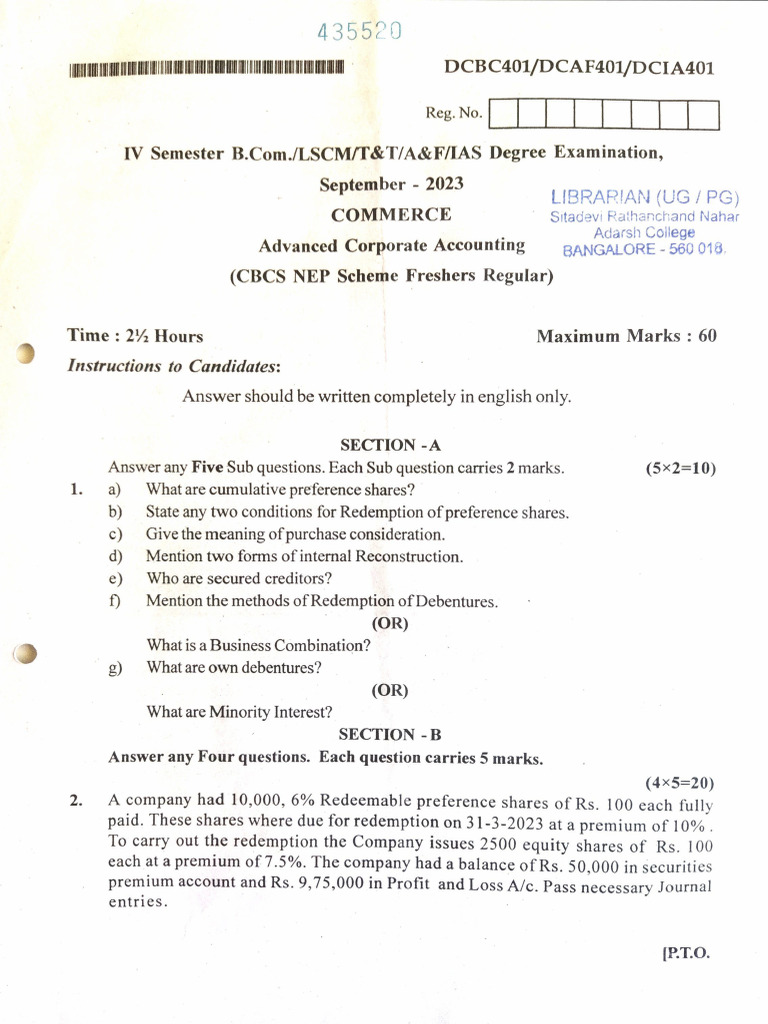 2023 BCOM Advanced-Corporate-Accounting-1 | PDF