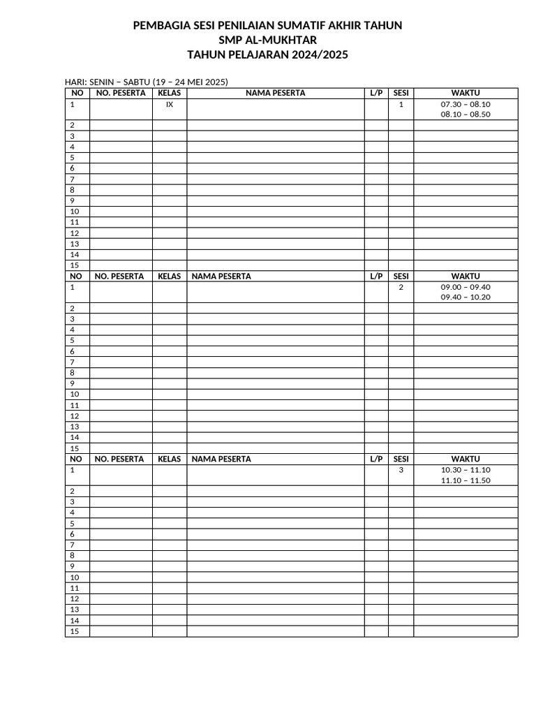 Pembagian Sesi SMP | PDF