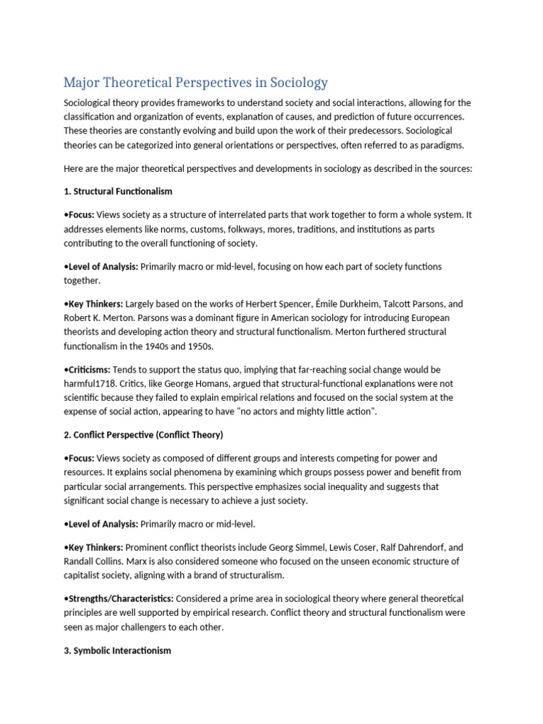 Major Theoretical Perspectives in Sociology | PDF | Sociology ...
