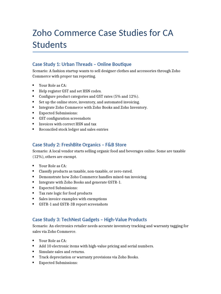 Zoho Commerce Case Studies For CA Students | PDF | Invoice | Taxes