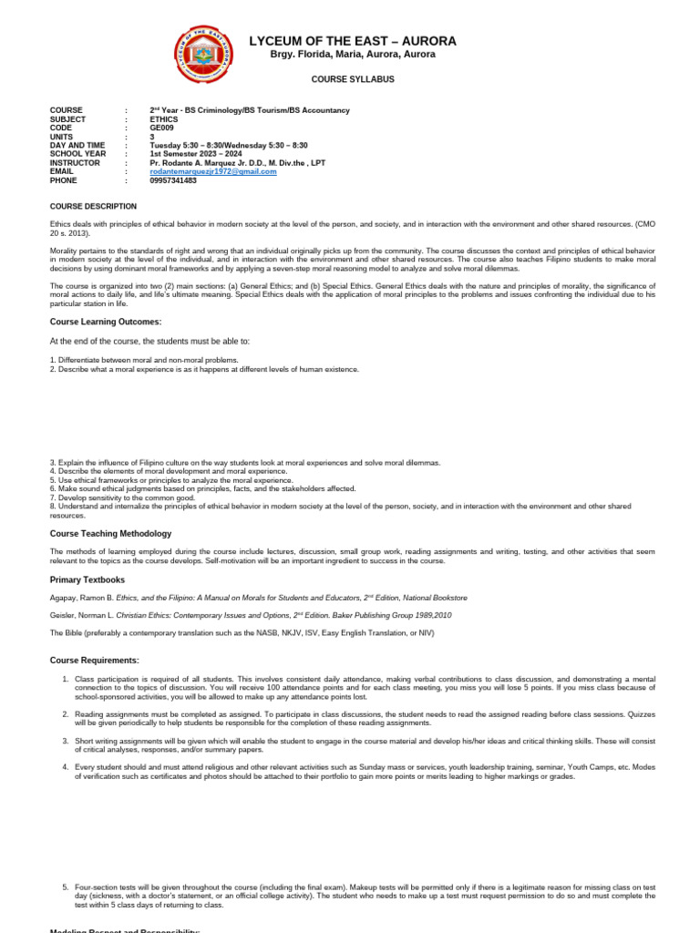 Course Syllabus Sample OBE | PDF | Morality | Marriage