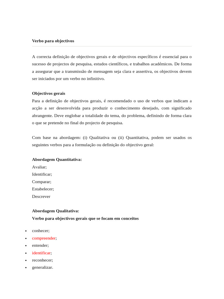 Verbos para Traçar Objectivos | PDF | Pesquisa qualitativa