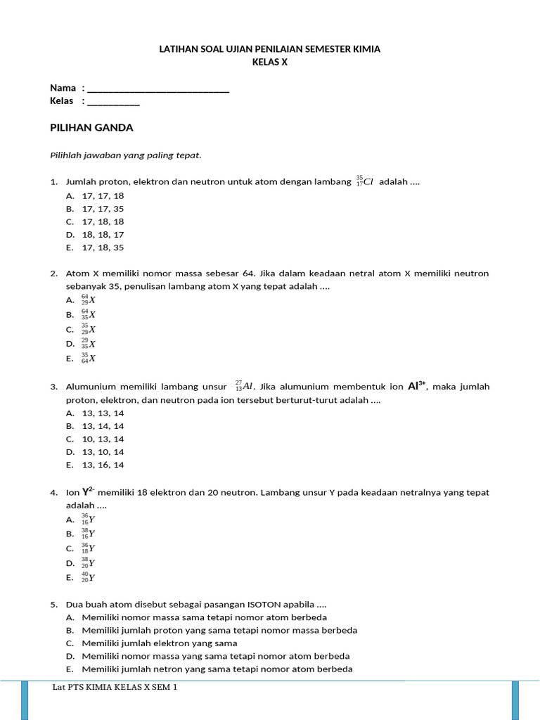Latihan Soal Pts Kimia Kelas X Sem 1 | PDF