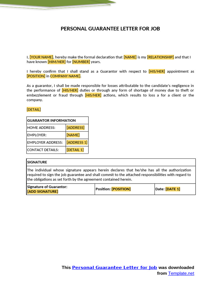 Personal Guarantee Letter For Job | PDF