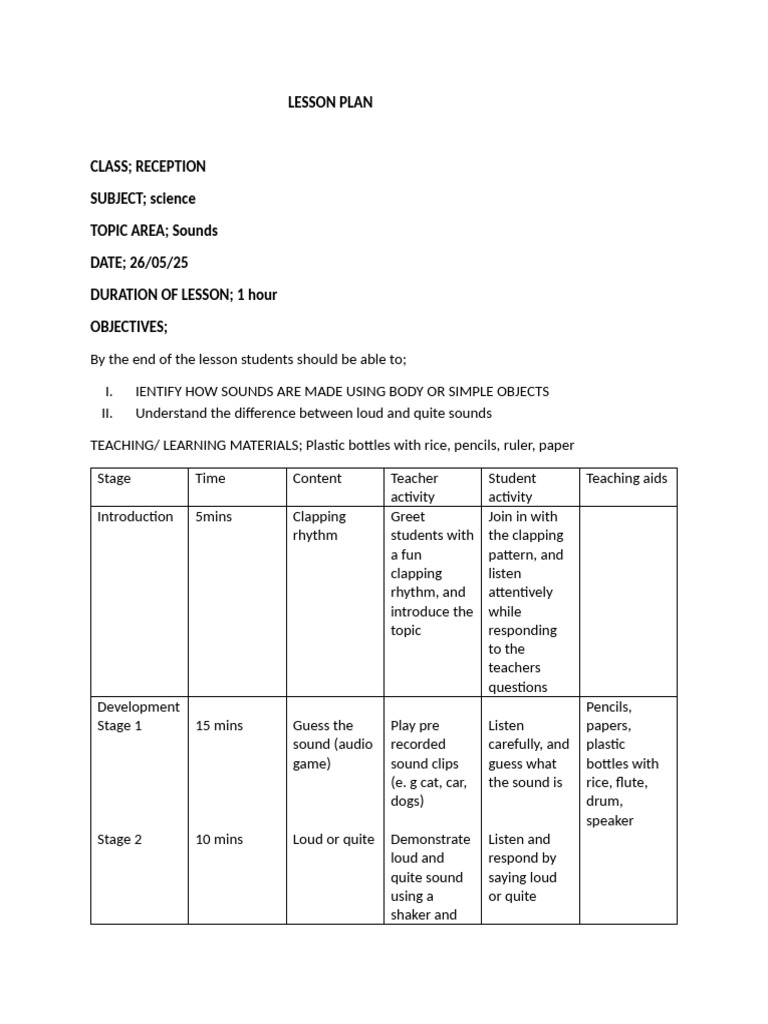 Sounds Lesson Plan for Reception Class | PDF | Sound | Lesson Plan