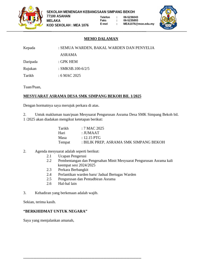 Memo Mesyuarat Asrama Bil (1) 2025 | PDF